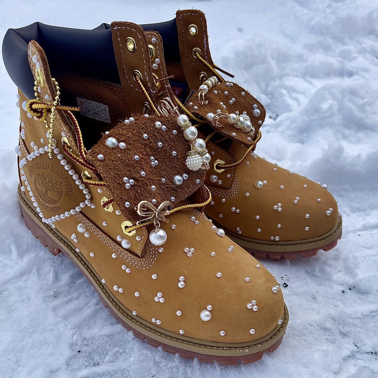 Brown Timberland boots with pearl embellishments,... | Depop