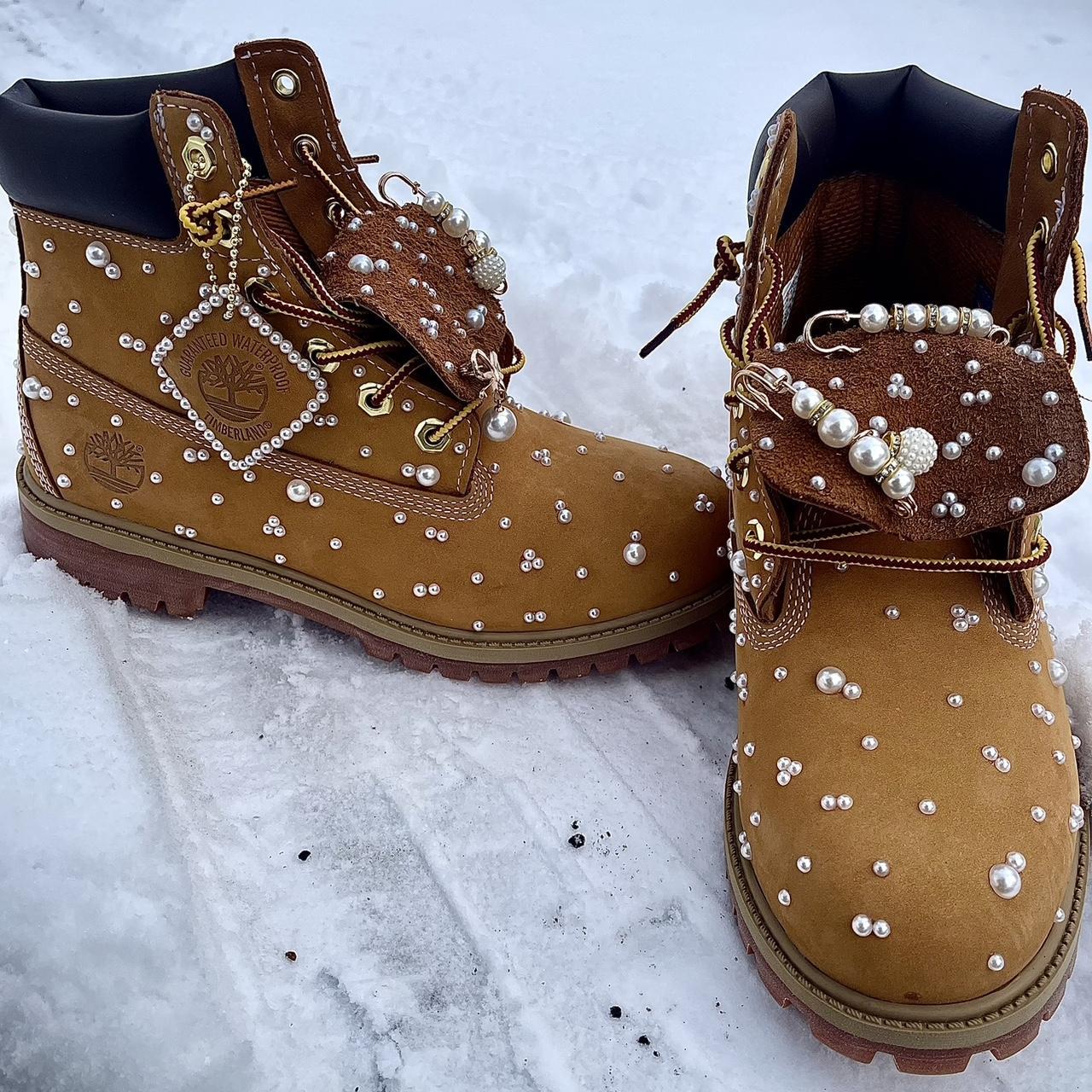 Brown Timberland boots with pearl embellishments,... | Depop