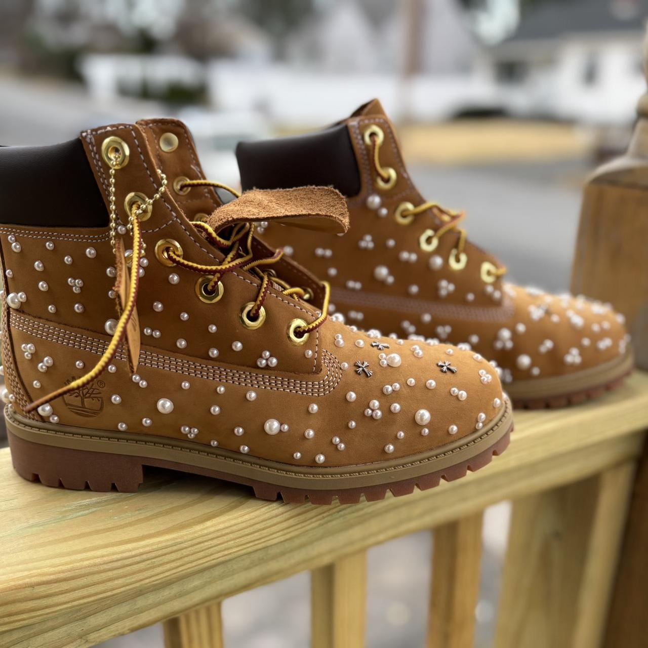 NOT FOR SALE !!! Custom pearl timberlands with... | Depop