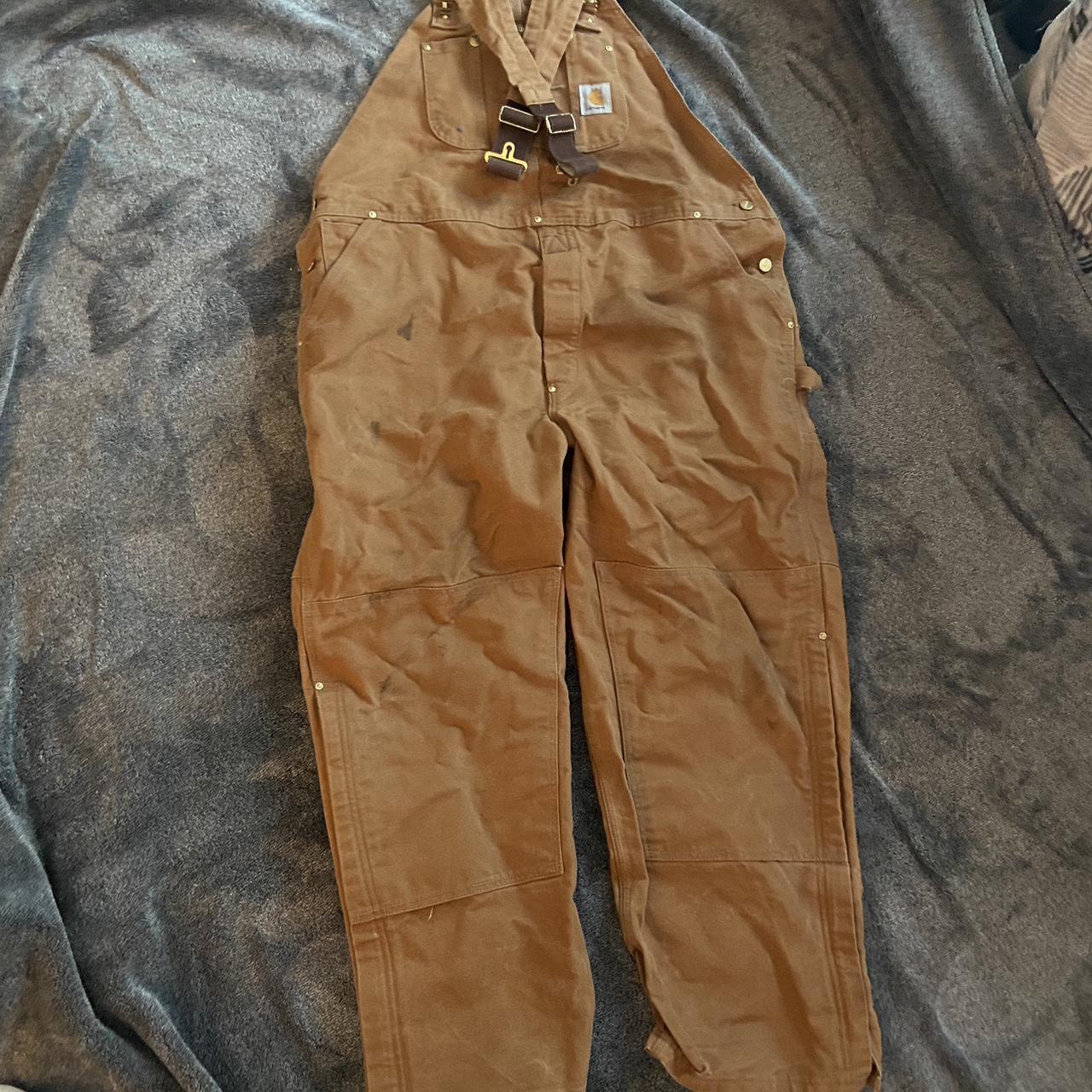 Carhartt Brown Overalls -46x30, little paint... - Depop