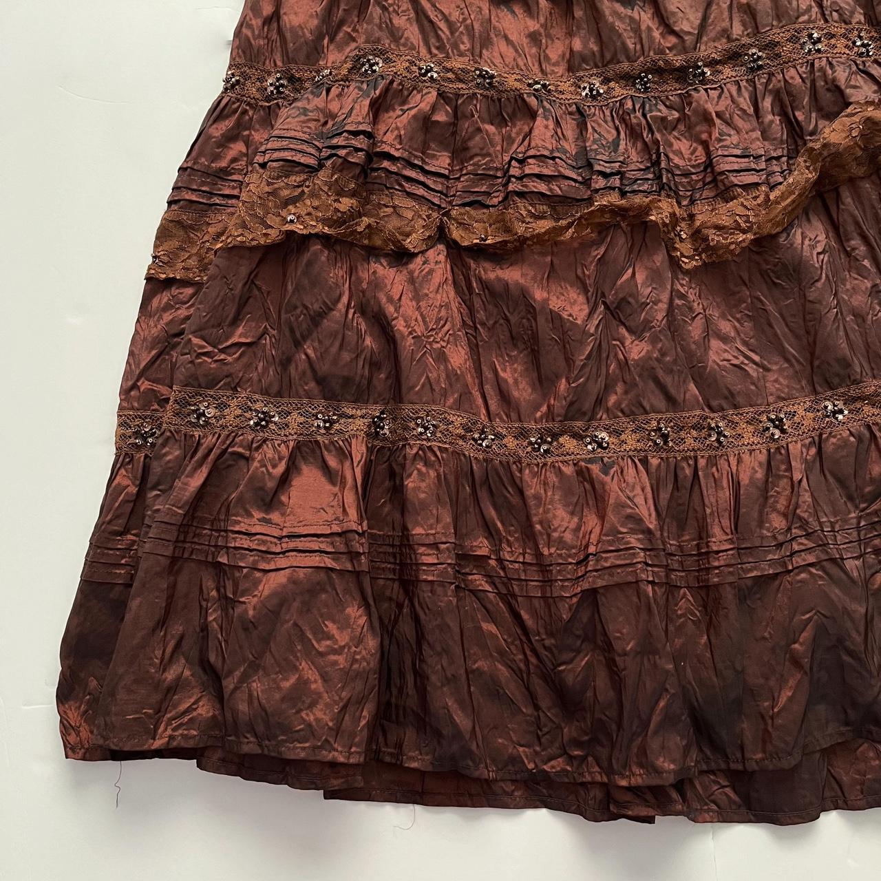 Brown ruffle skirt with lace and beading details... - Depop