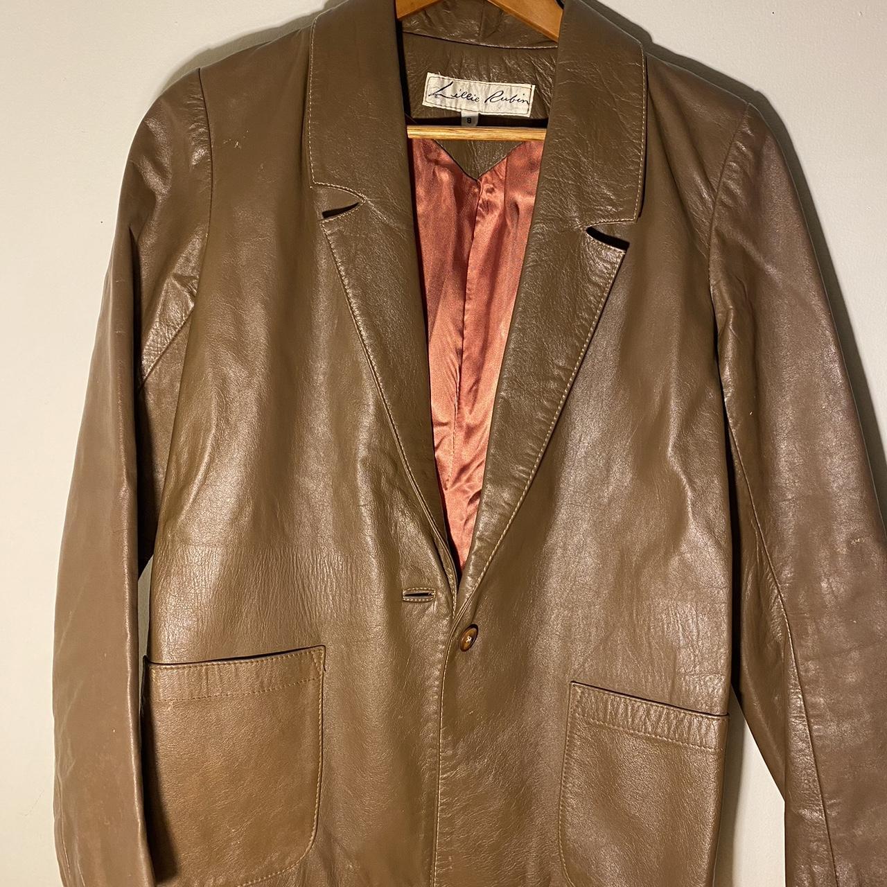 vintage brown leather jacket stiff leather, more... - Depop