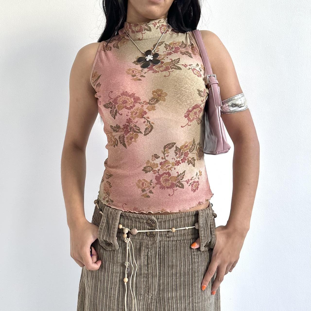 Y2k floral mesh top Micro mesh floral high neck... - Depop