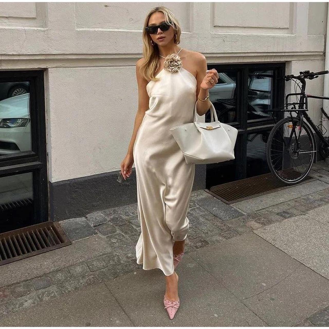 Backless cream halter dress with 3D flower. The... - Depop