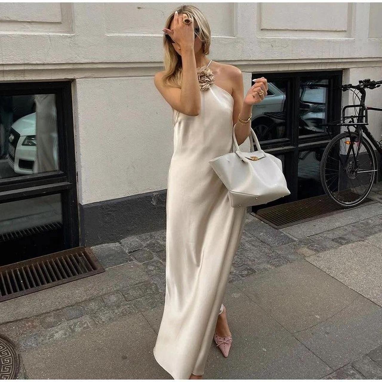 Backless cream halter dress with 3D flower. The... - Depop