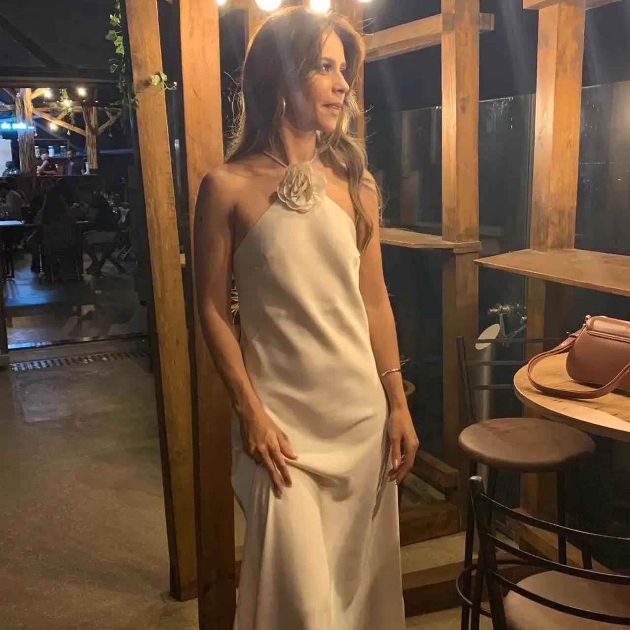 Backless cream halter dress with 3D flower. The... - Depop