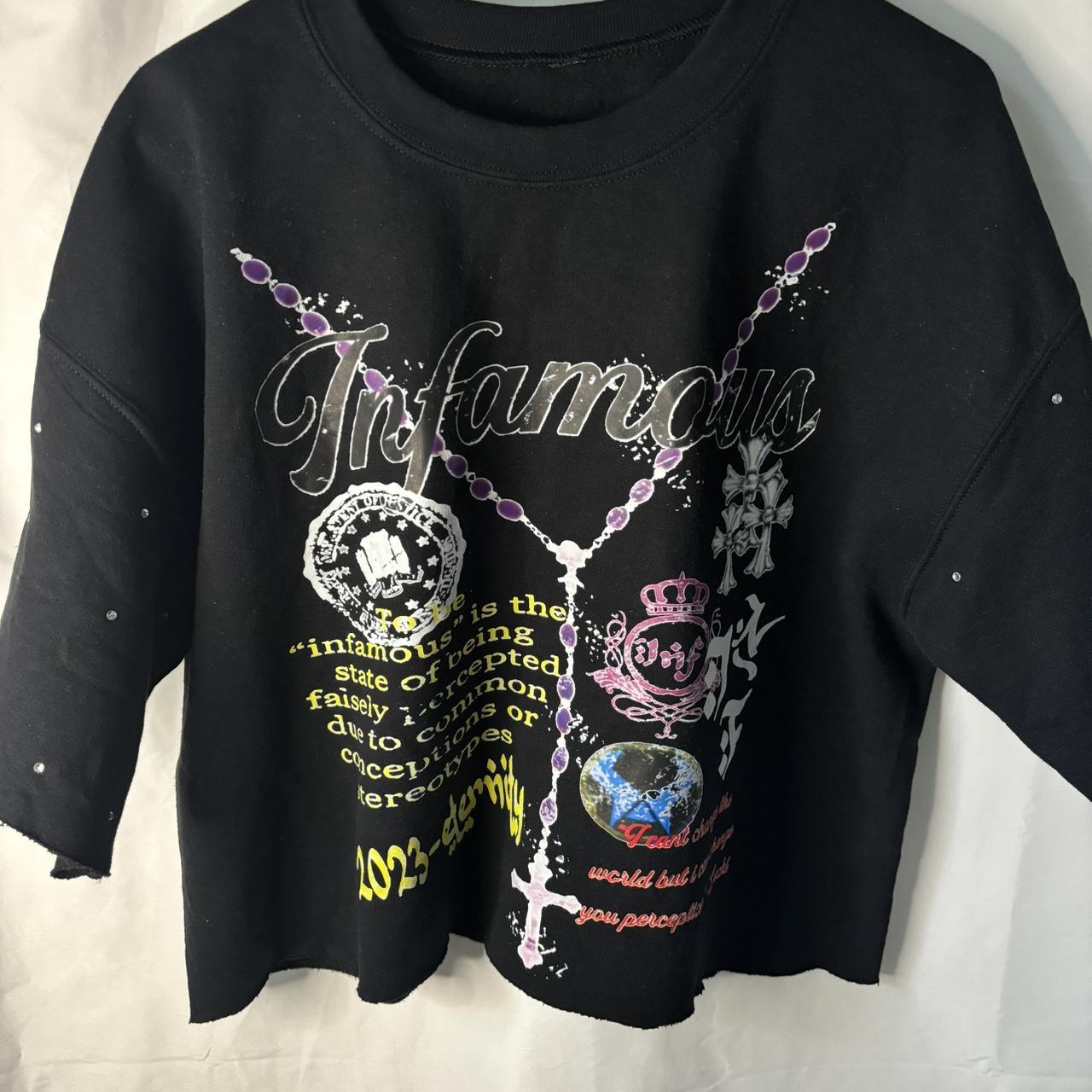 infamous box cut tee shirt w/ rhinestones on sleeve - Depop