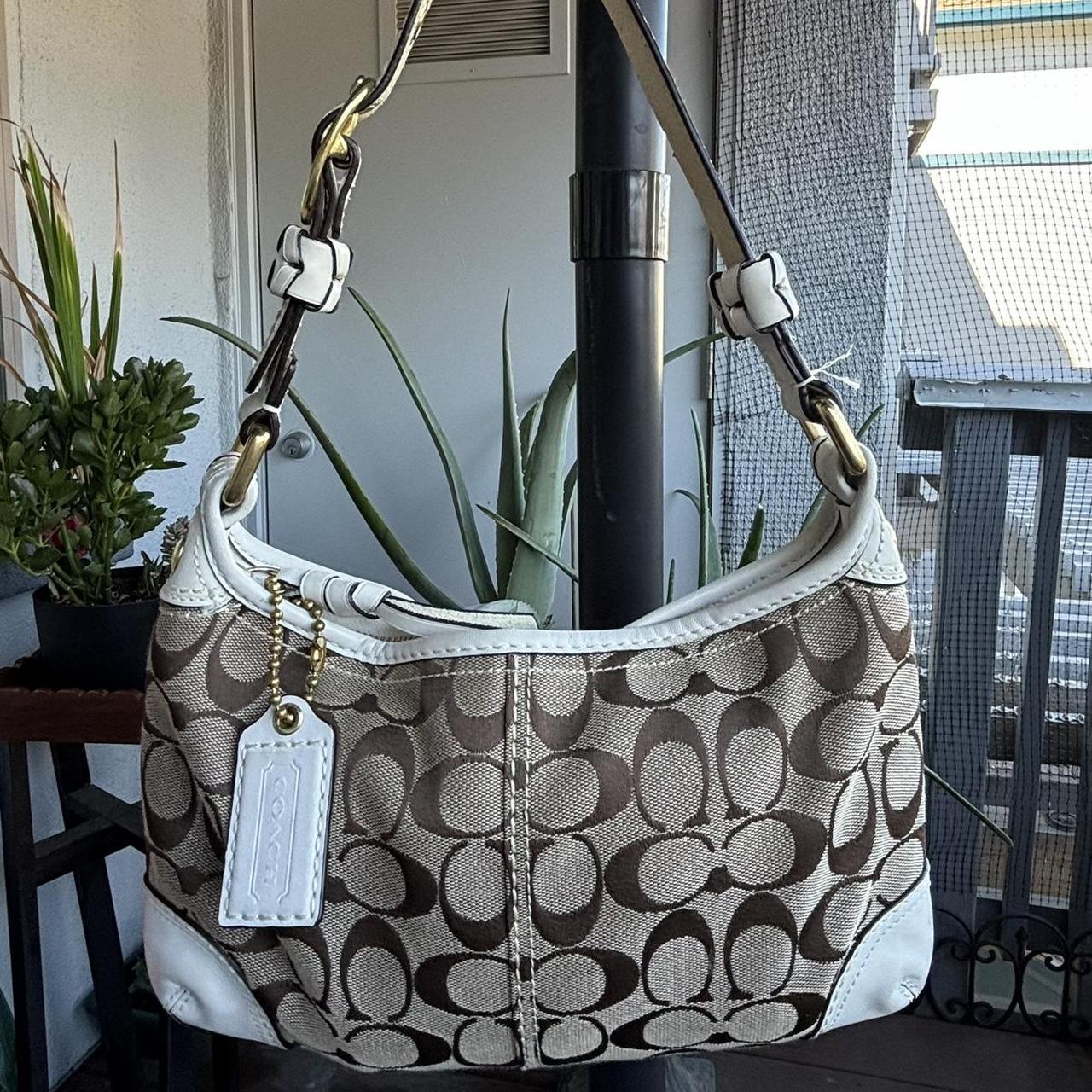 Vintage coach monogram canvas white leather shoulder... - Depop