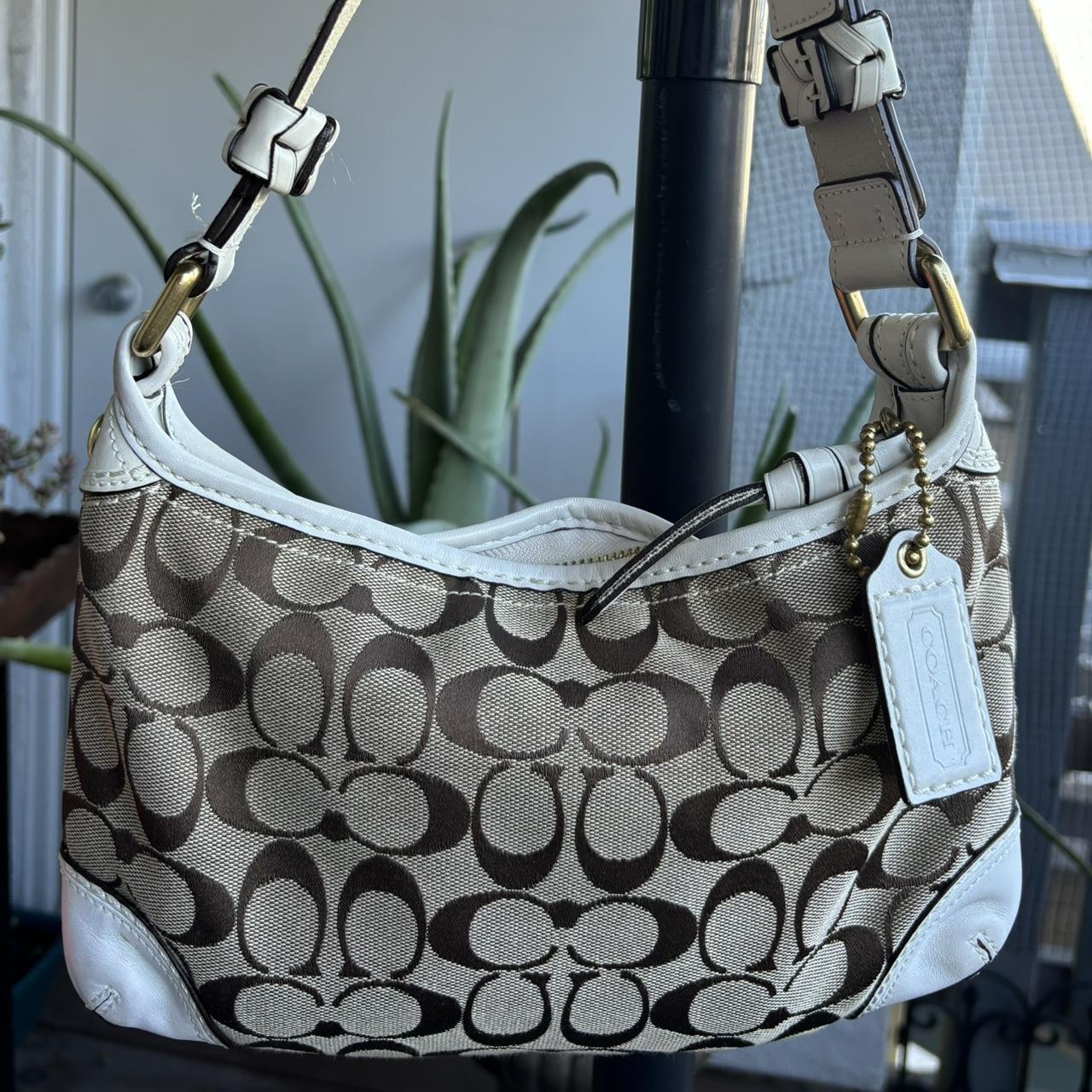 Vintage coach monogram canvas white leather shoulder... - Depop