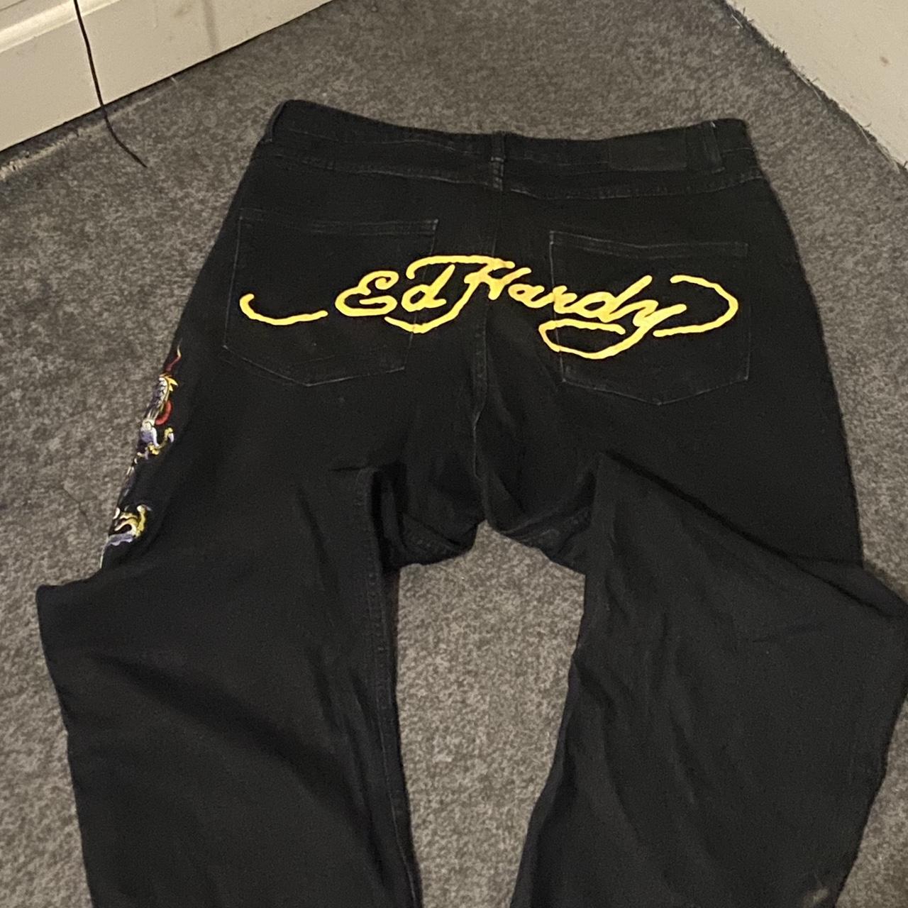 Ed Hardy black and yellow jeans Used but still in... - Depop