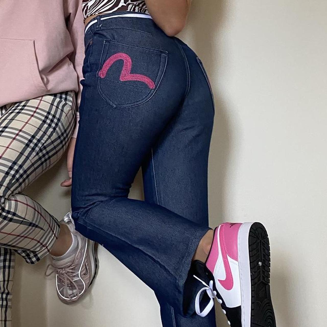 Evisu pink logo dark denim flared jeans. Good... - Depop