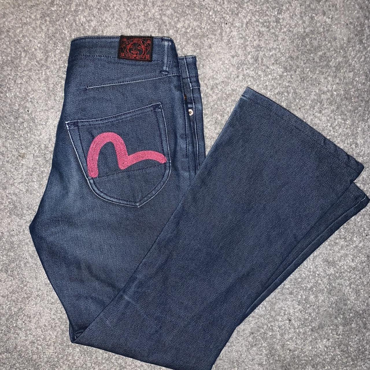 Evisu pink logo dark denim flared jeans. Good... - Depop