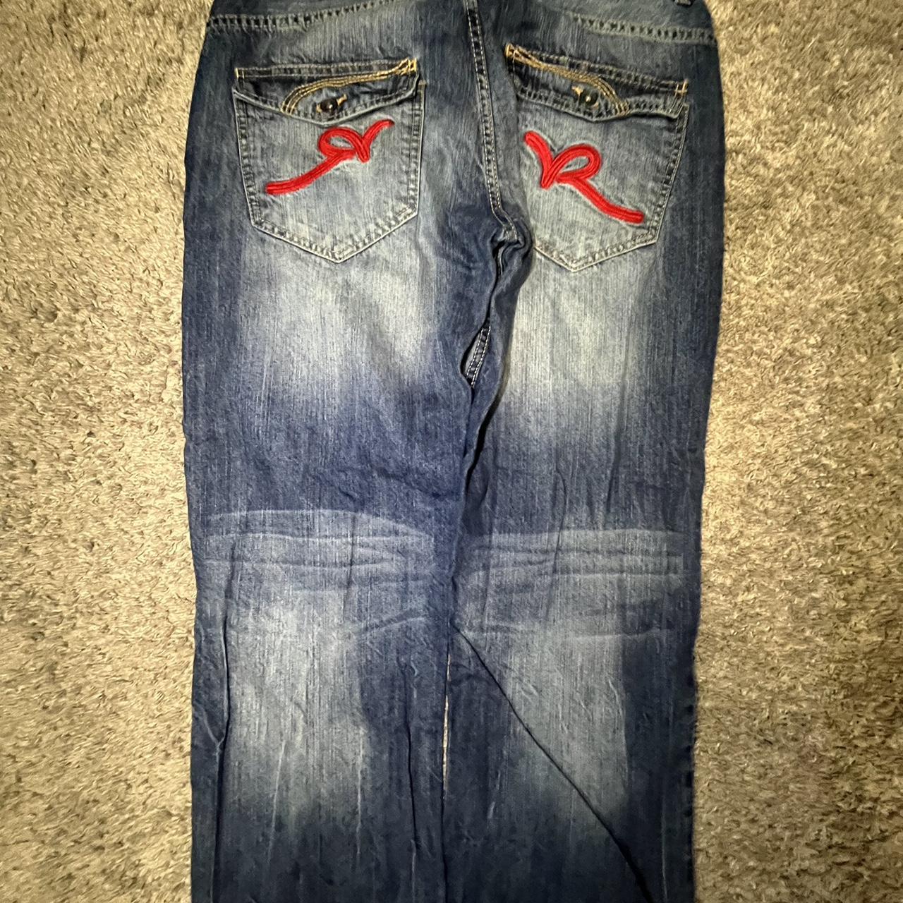 red rocawear raw denim. embroidered R on back... - Depop