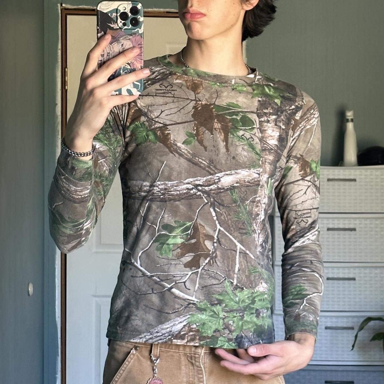 y2k camo long sleeve shirt • women’s small, 6ft... - Depop