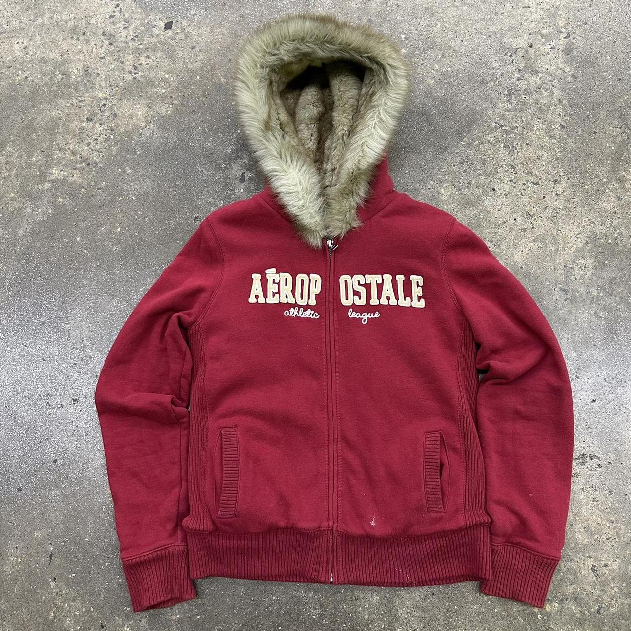 Vintage Y2K Aeropostale Fur Hood Zip Up Hoodie Size... - Depop