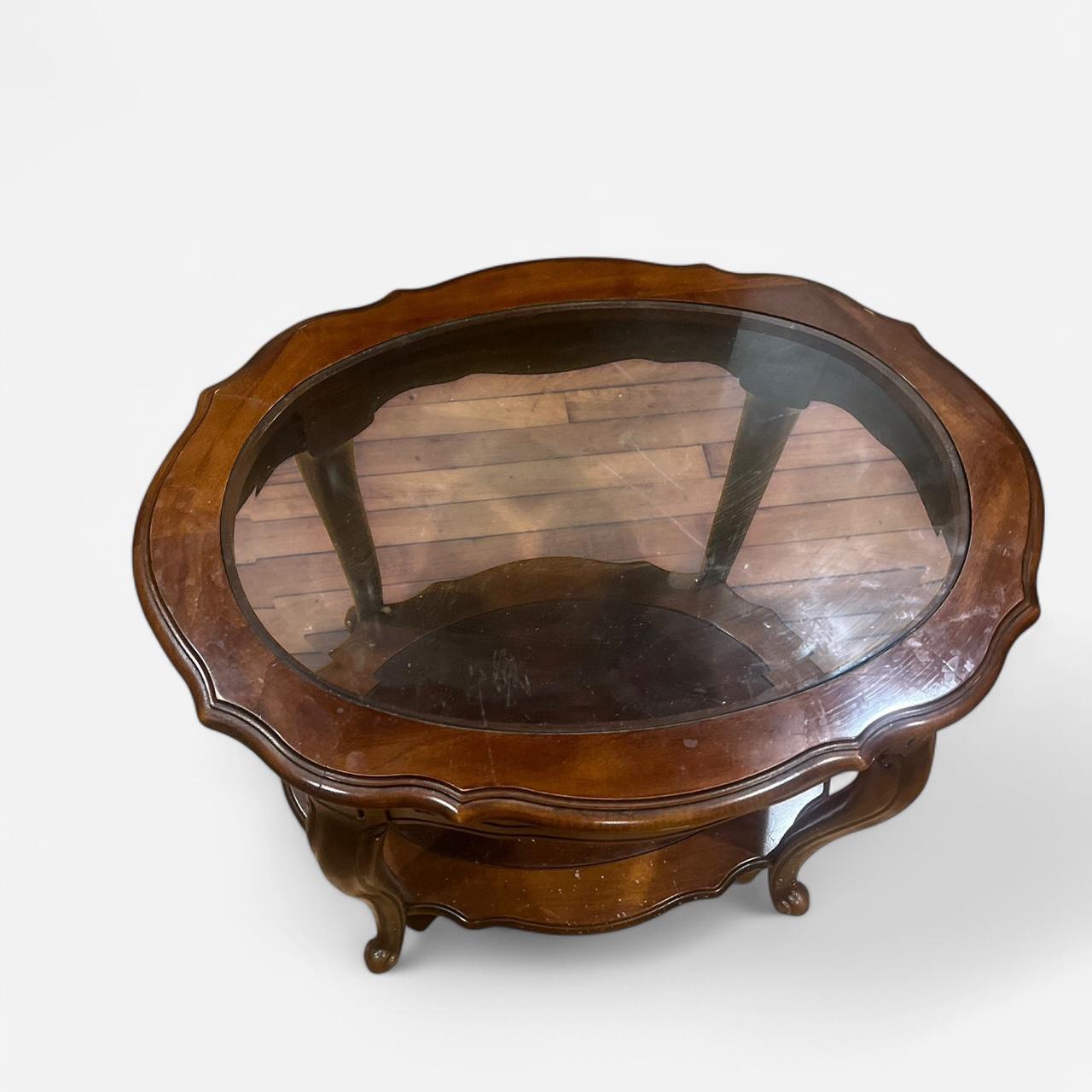 Cherry wood oval coffee table with glass top and... | Depop