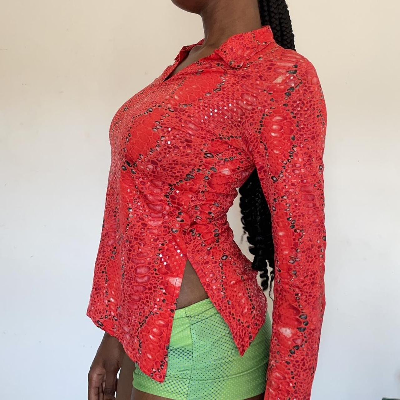 Red sequin snake print long sleeve top with a collar... - Depop