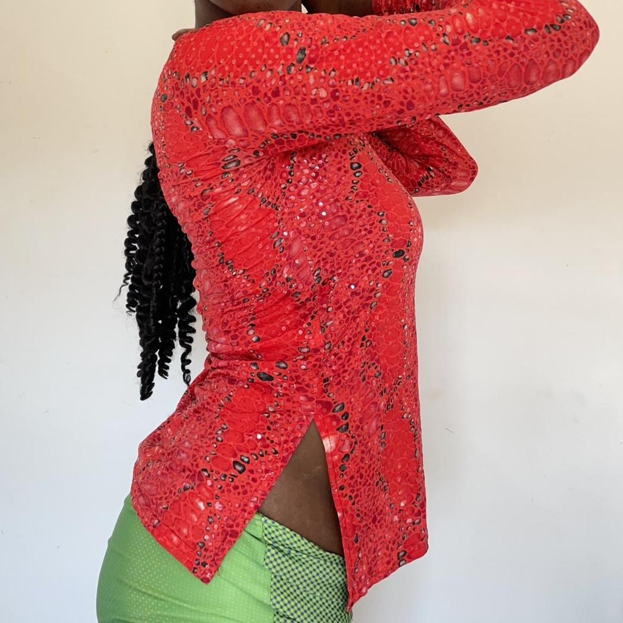 Red sequin snake print long sleeve top with a collar... - Depop