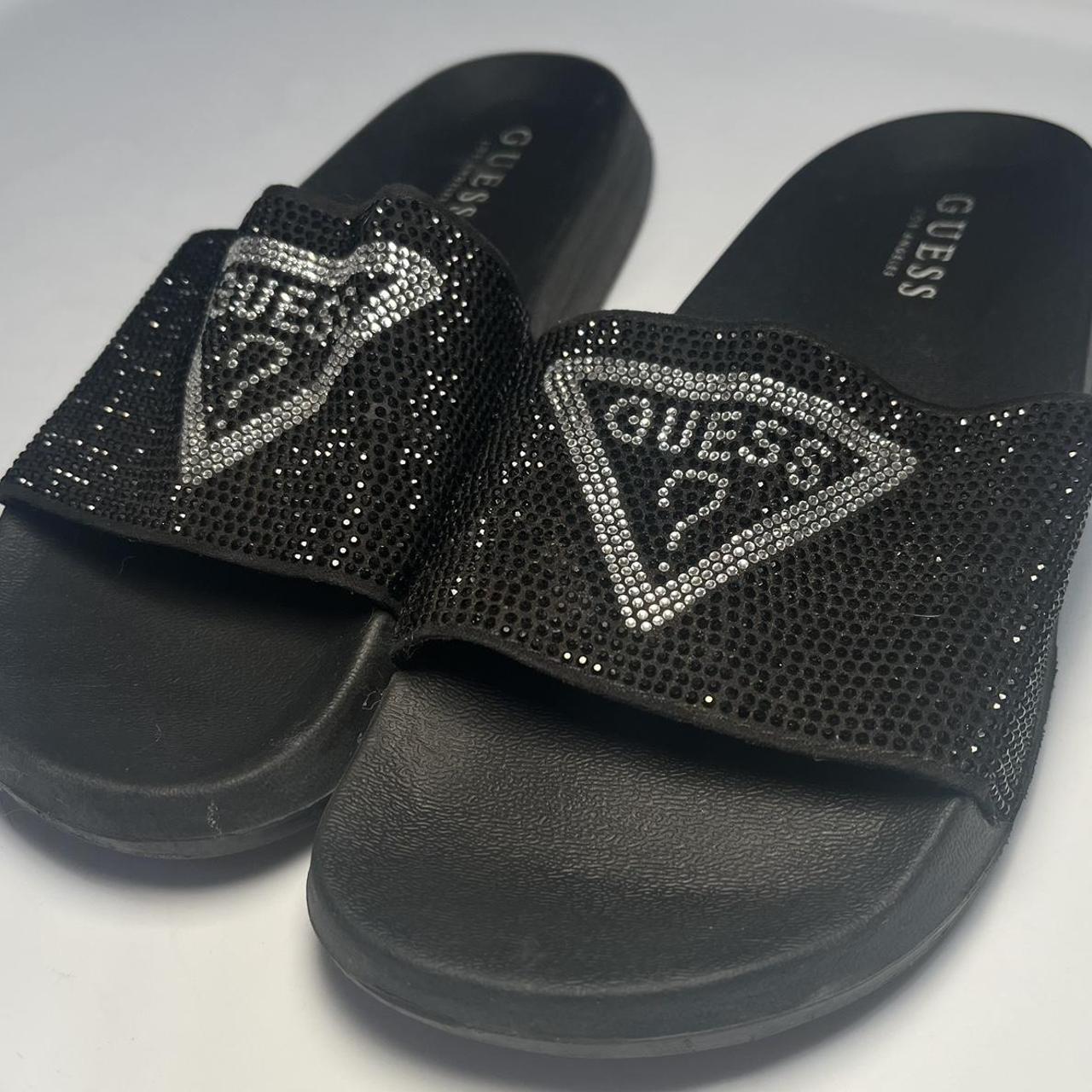 Guess Women's Black and Silver Slides | Depop
