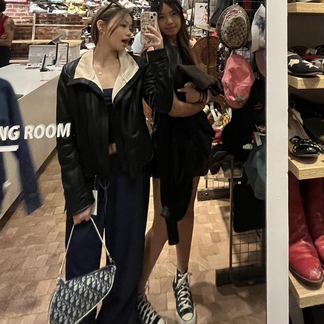 Black leather jacket -super trendy rn - fitted... - Depop