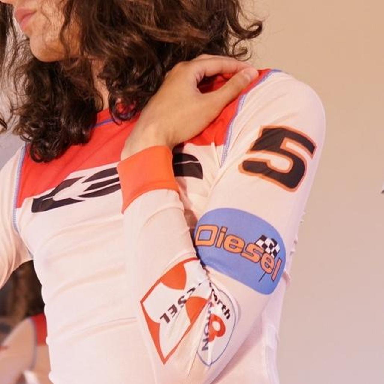 Diesel Beige - Red Logo Mesh Racing Shirt : Crop Top... - Depop