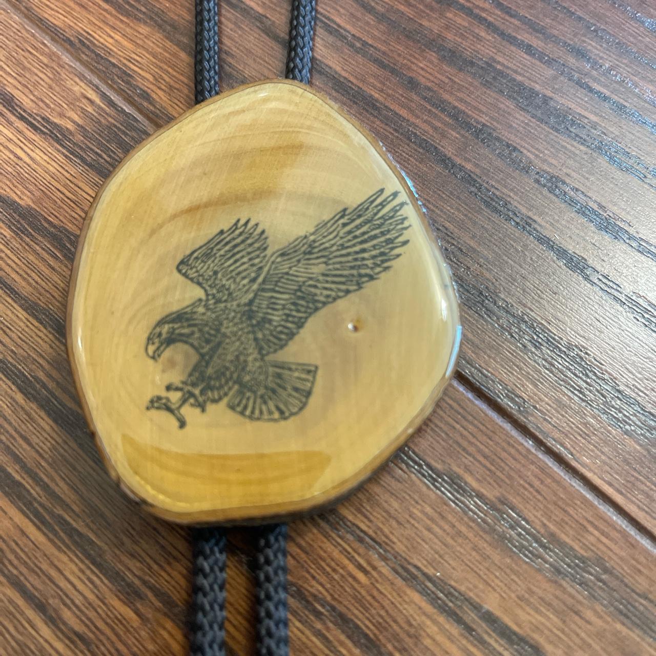 Vintage lacquered wood bolo tie with hawk detailing.... - Depop