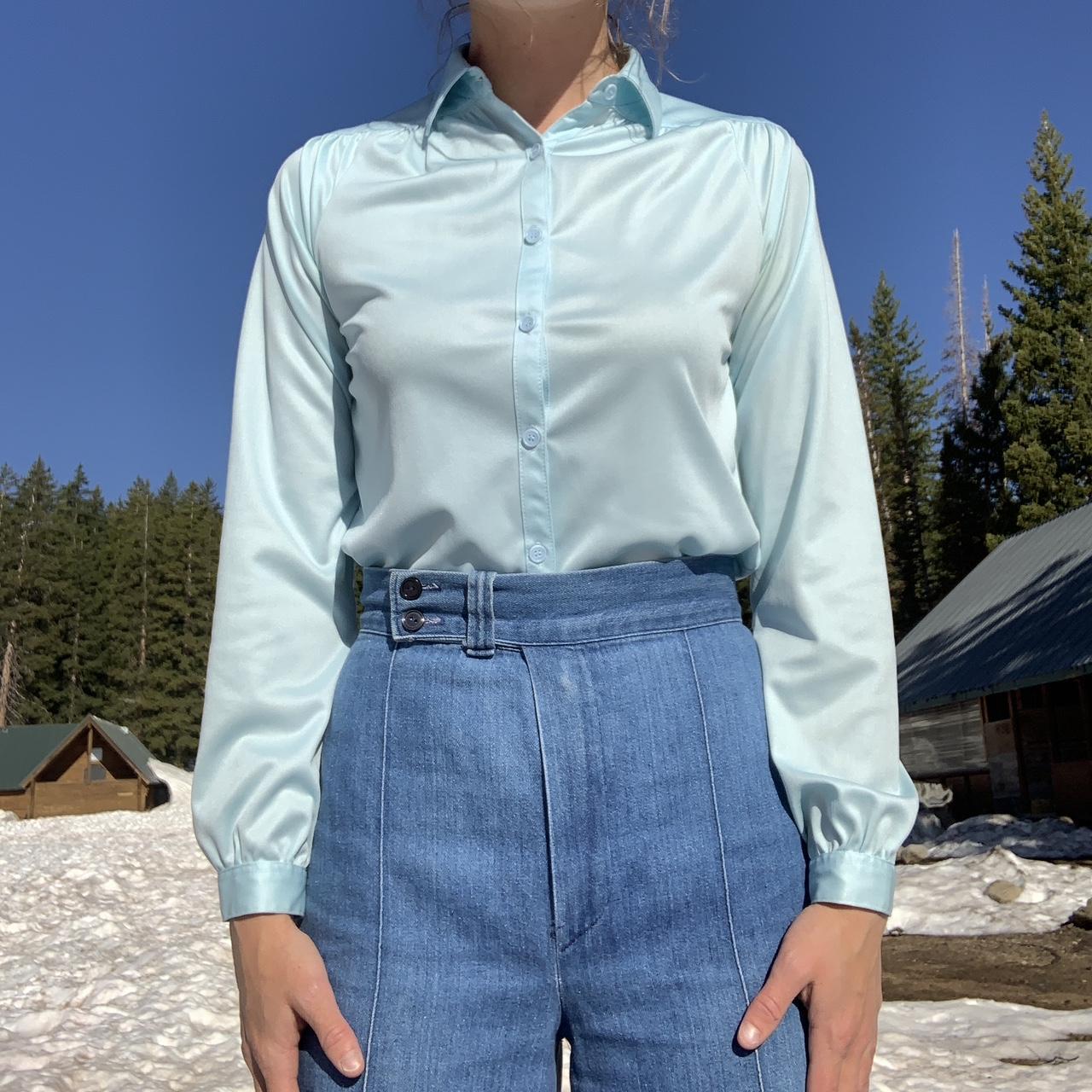 Vintage 70s Sears Poly Blouse Baby blue long sleeve... - Depop