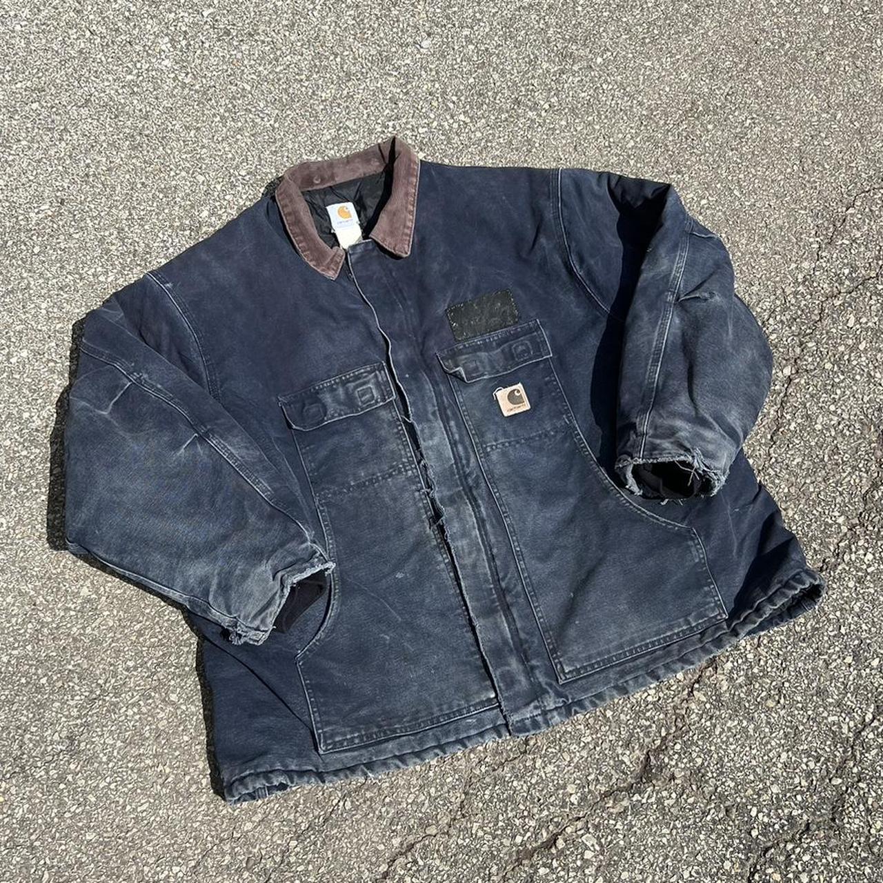 vintage distressed faded blue carhartt jacket size... - Depop