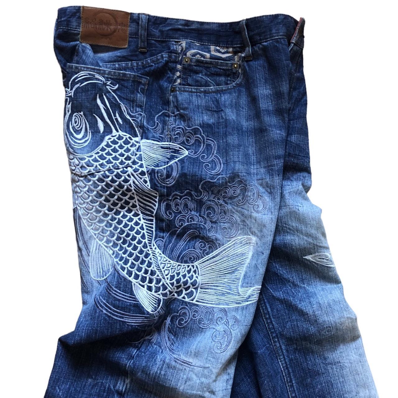 Karakuri embroidered jeans Koi fish embroidered... - Depop