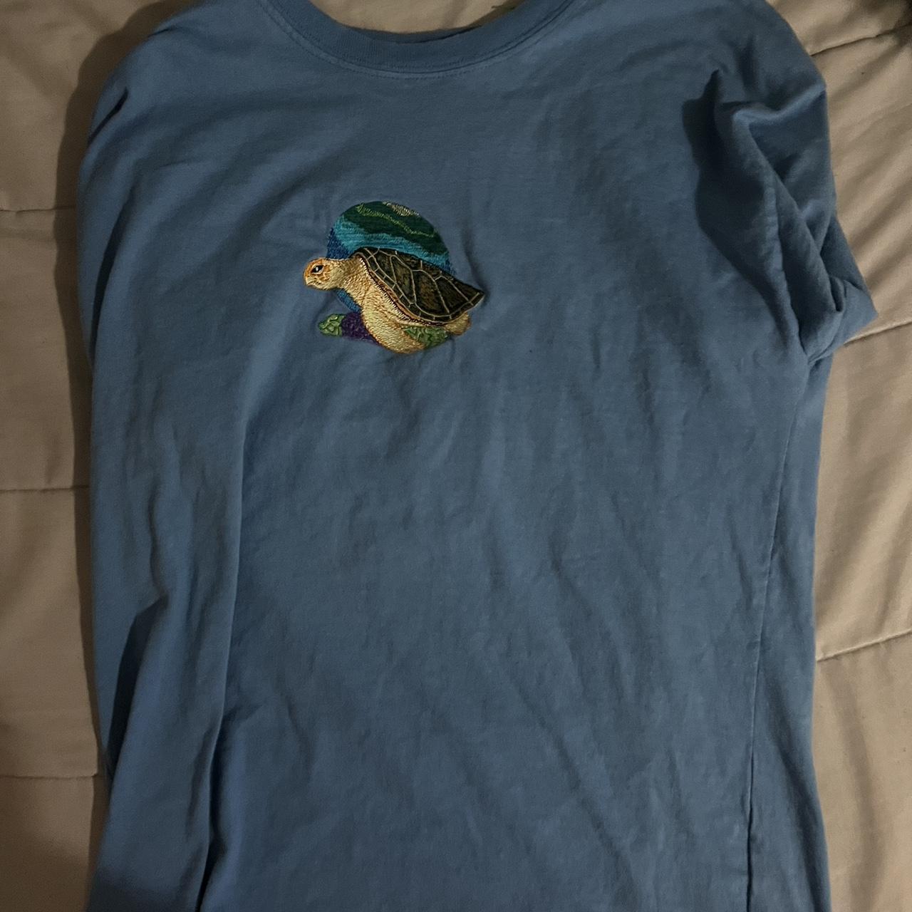 blue shirt with sea turtle embroidered on top. it... - Depop