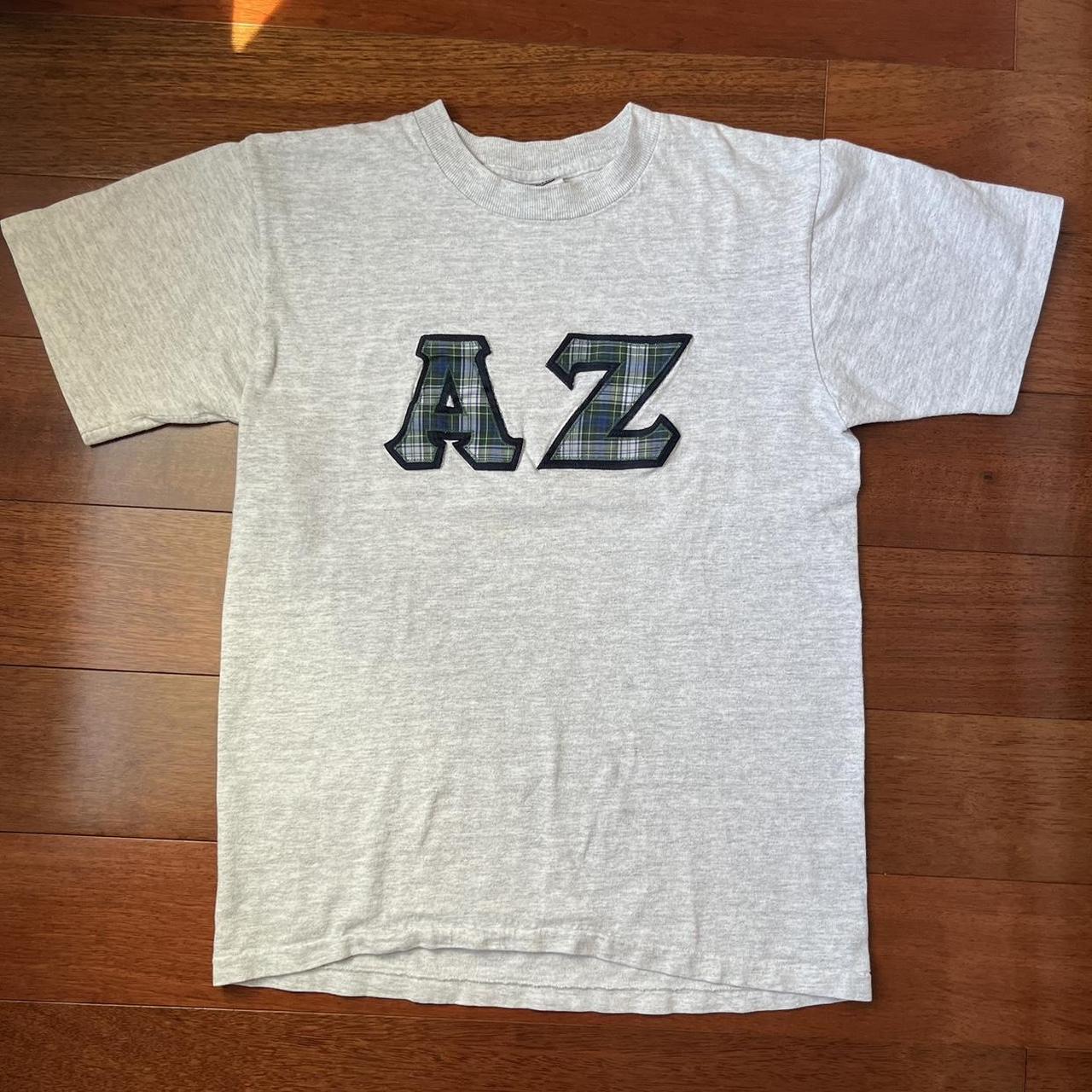Vintage AZ fraternity t shirt, blue green plaid,... - Depop
