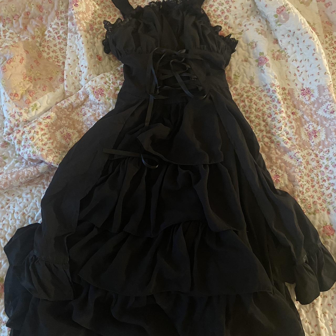 black corset lace up lolita dress big bow in the... - Depop