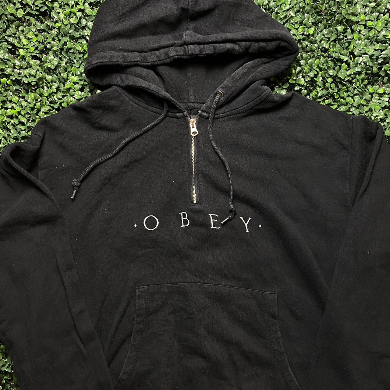 Y2K Obey 1/4 Zip-Up Black Hoodie 25x25 - Depop