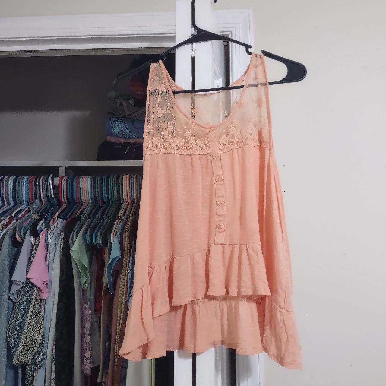 EM peach colored tank top see through flower pattern... - Depop