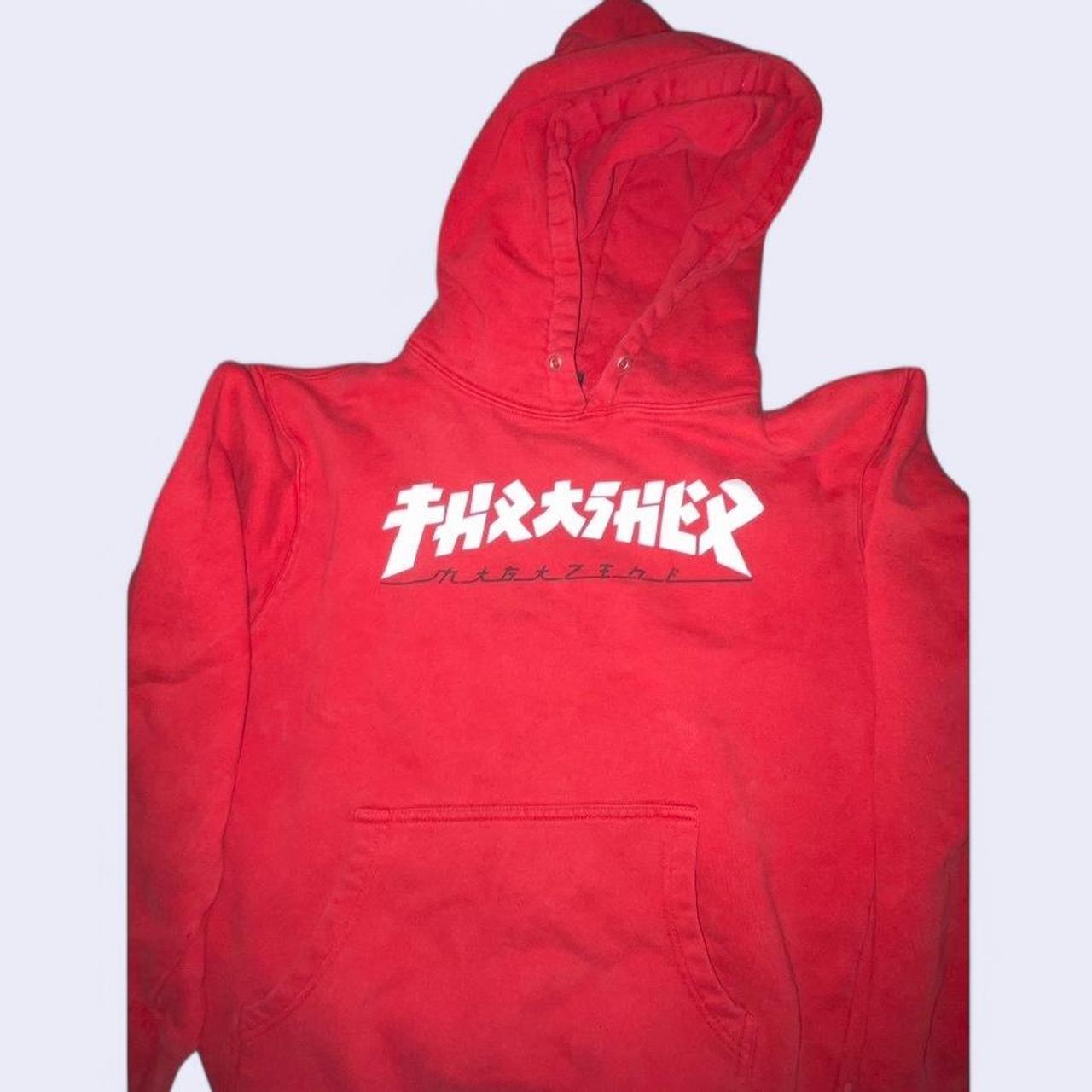 Red Thrasher hoodie with white details... | Depop