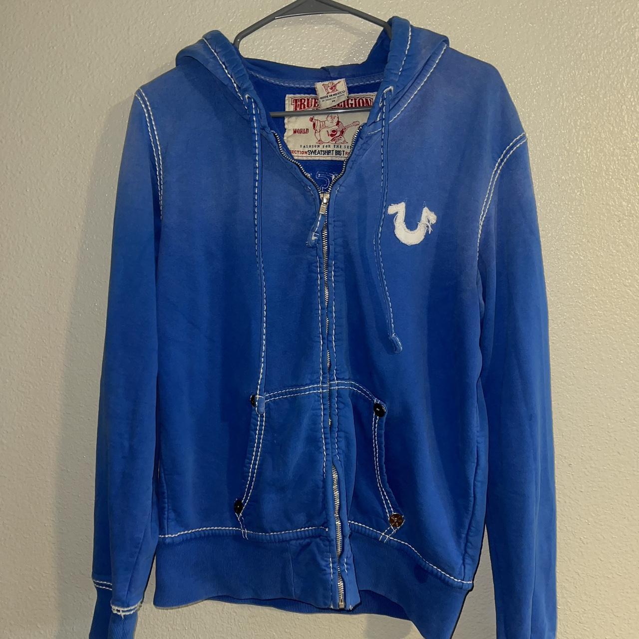 True Religion blue zip up hoodie - Depop