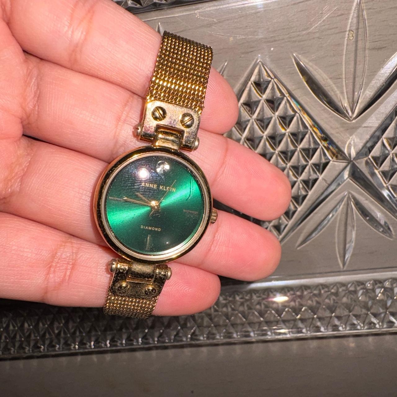 Gold tone mesh strap watch with green face watch... | Depop