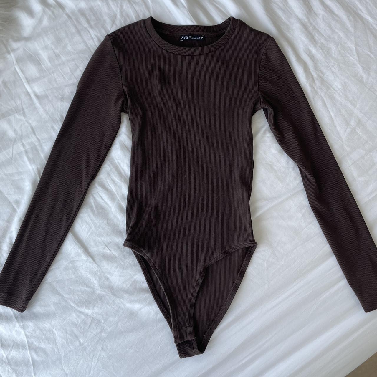 Zara Brown Ribbed Long Sleeve Bodysuit Very... - Depop