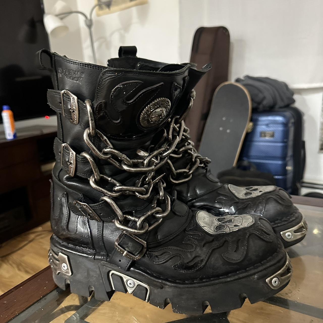 Used New Rock Reactor Boots! Leather Skull and... - Depop