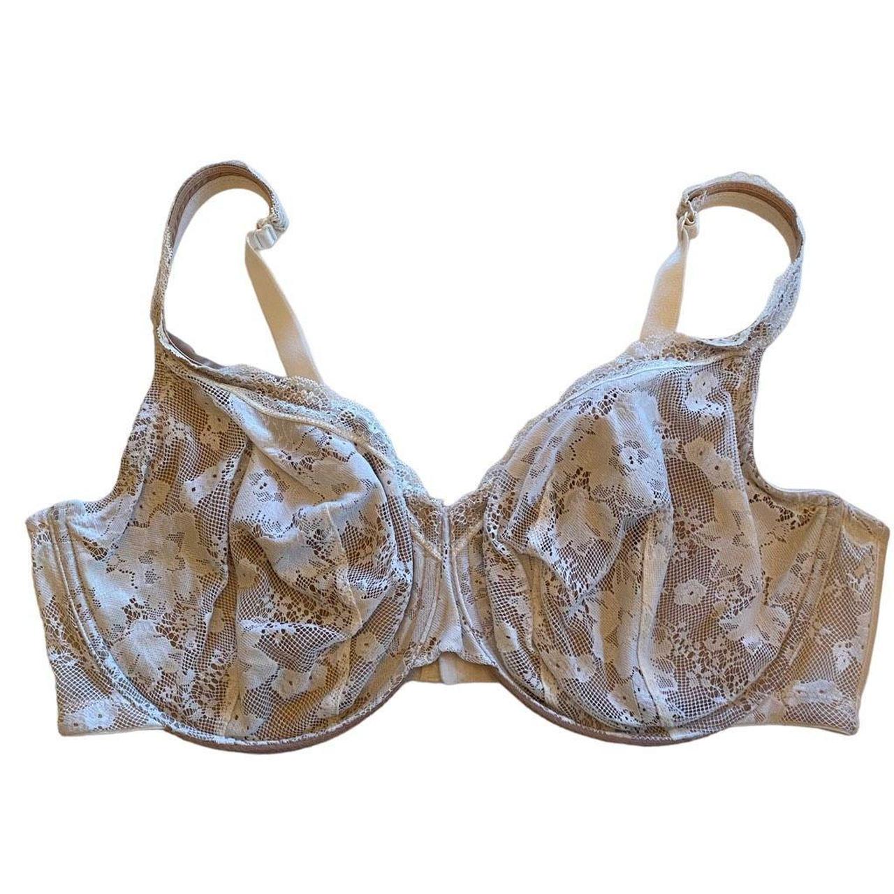 Cacique Tan with White Lace Overlay Bra 44DDD - Depop