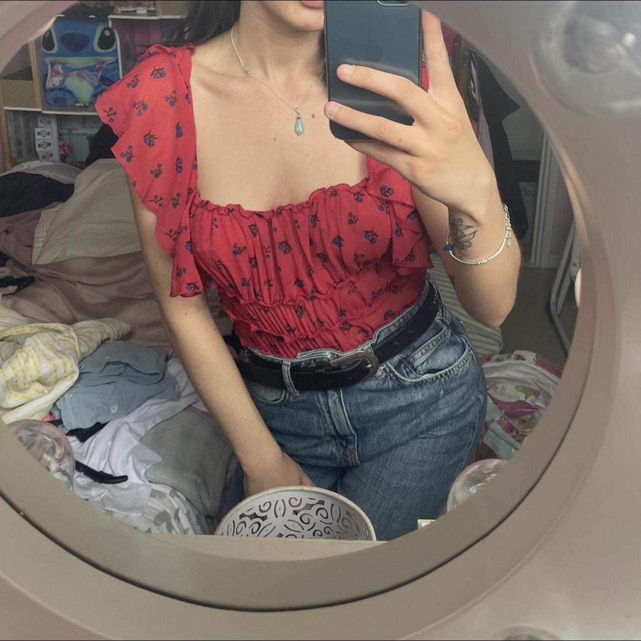Free people red floral chiffon bodysuit Sooo... - Depop