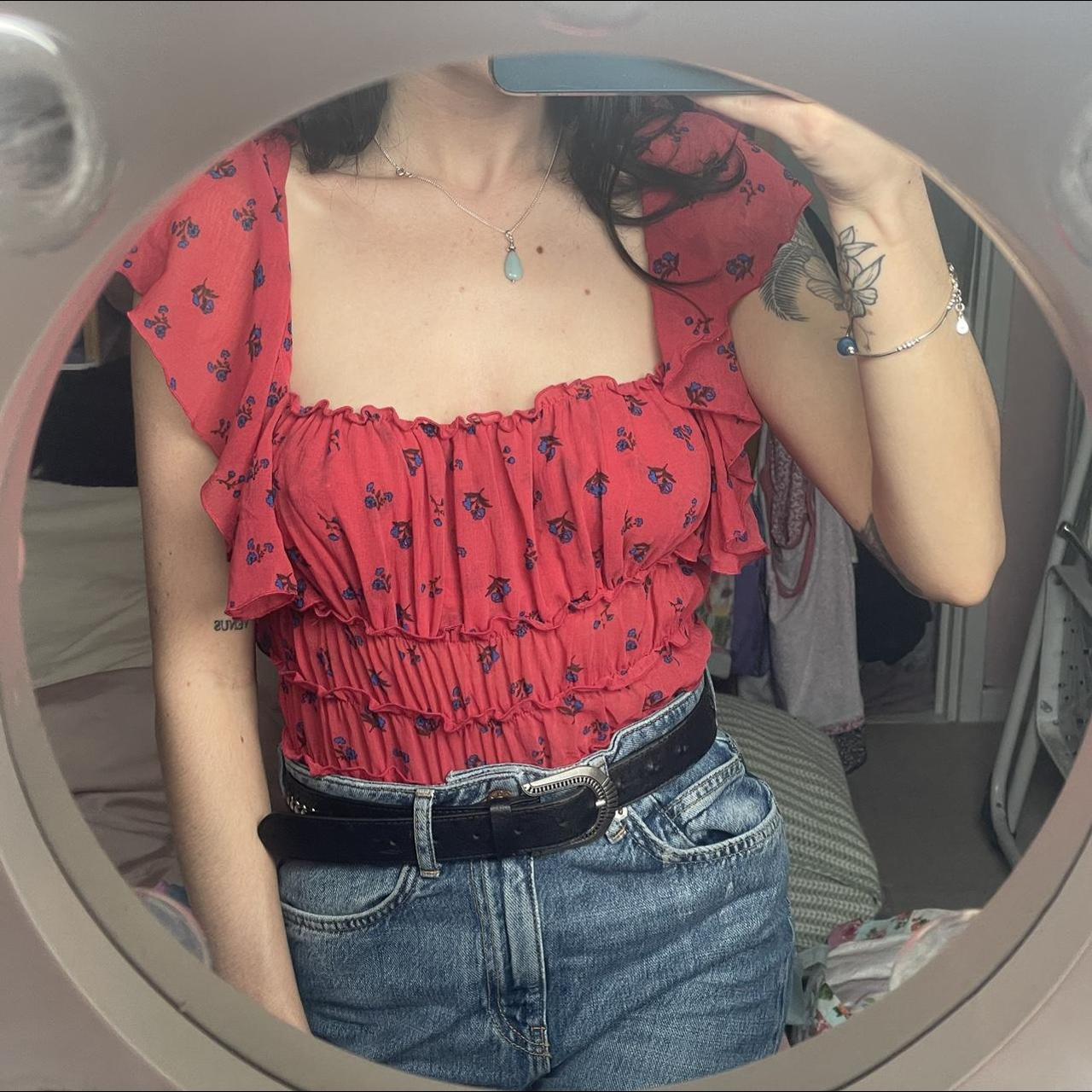 Free people red floral chiffon bodysuit Sooo... - Depop
