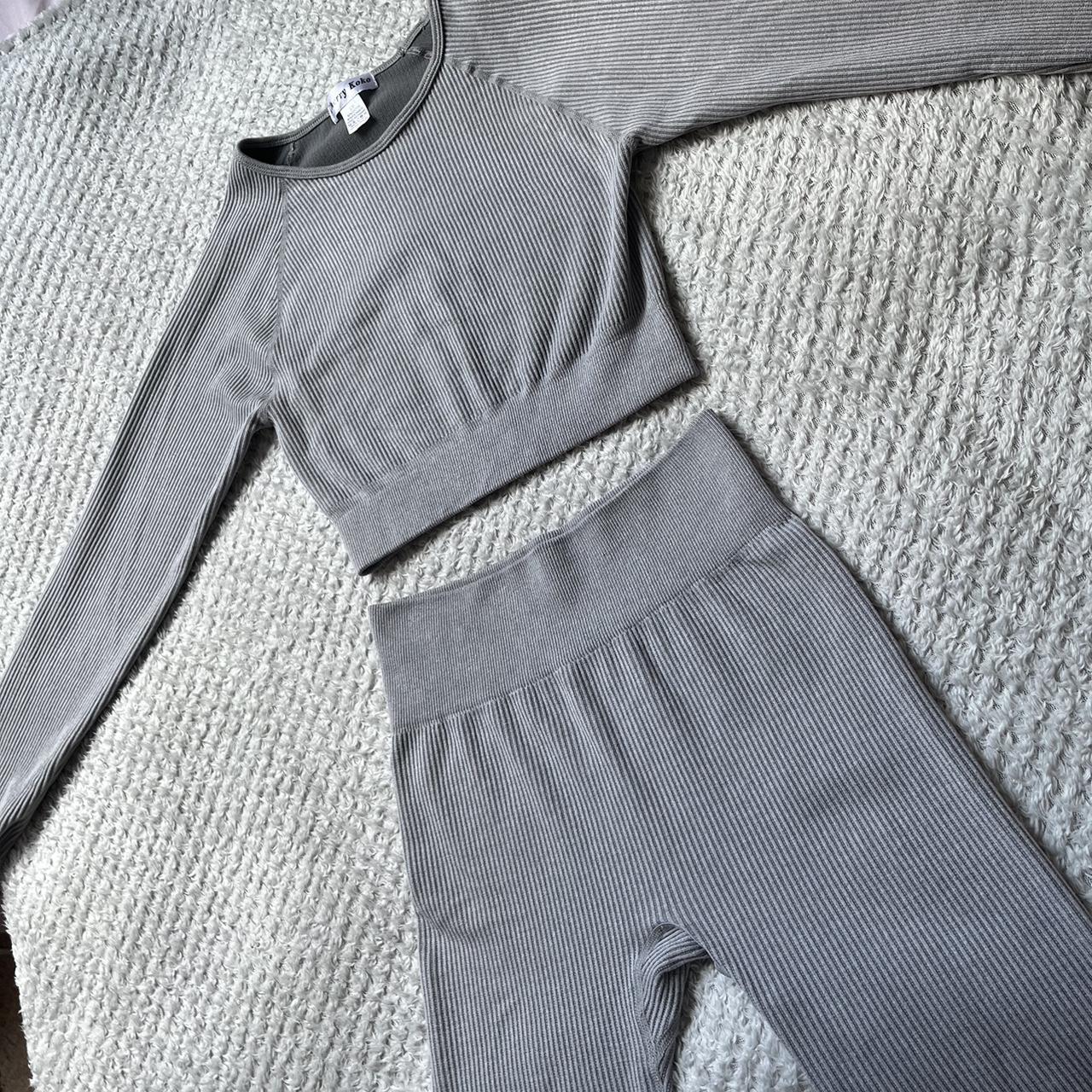womens ribbed grey matching set - long sleeve crop... - Depop