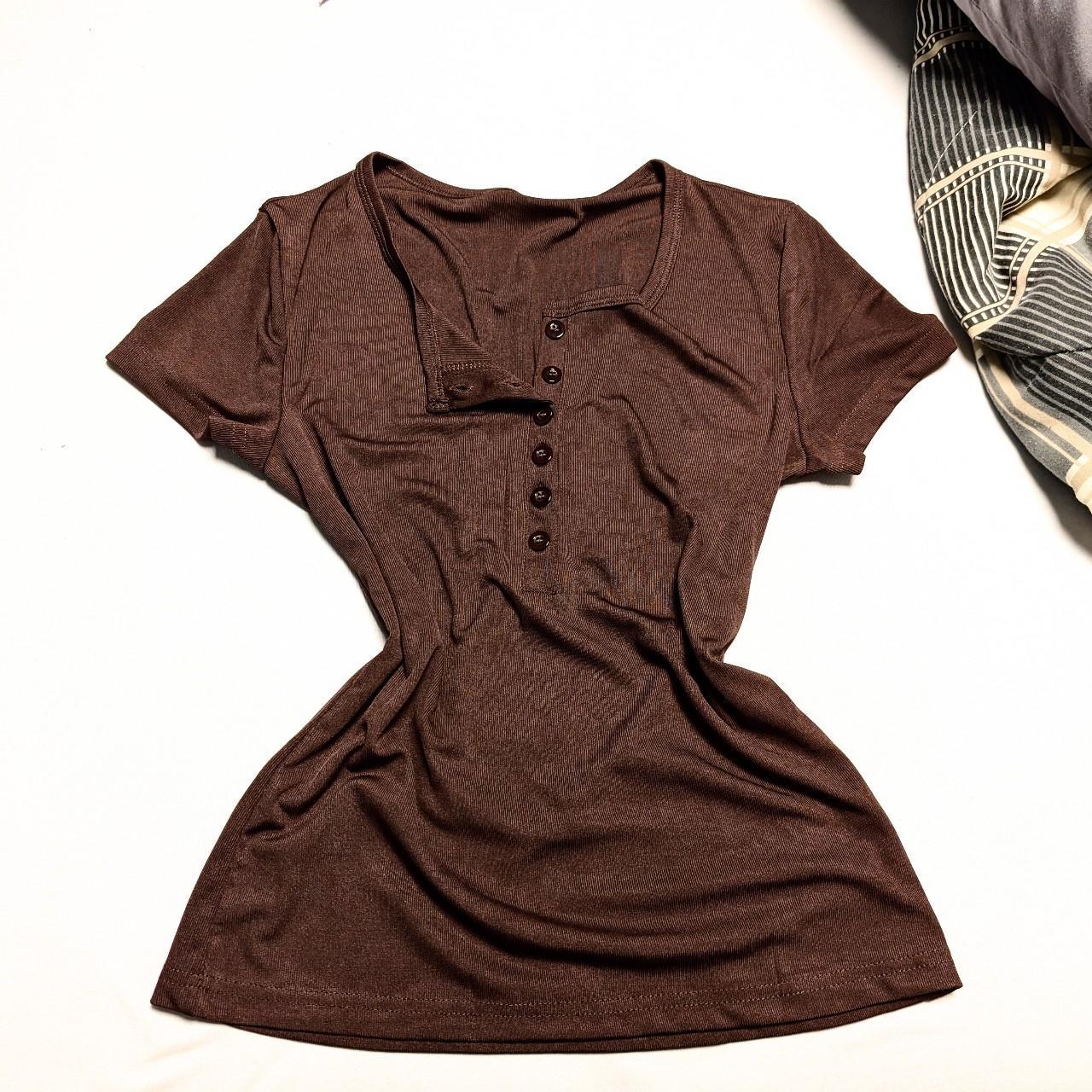 cute brown y2k henley top 🤞 super super cute and... - Depop