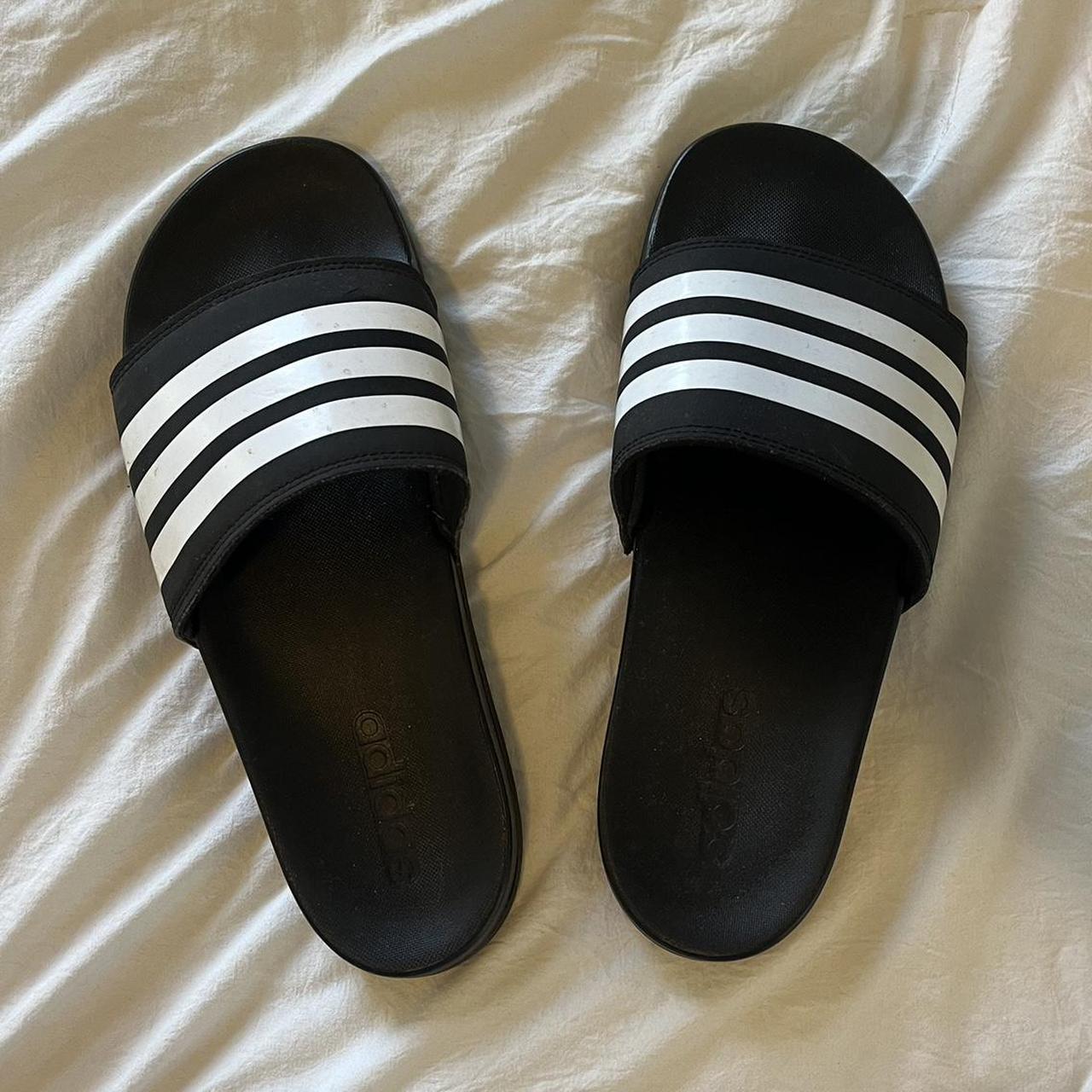 Adidas 3 stripe slides black and white great... - Depop
