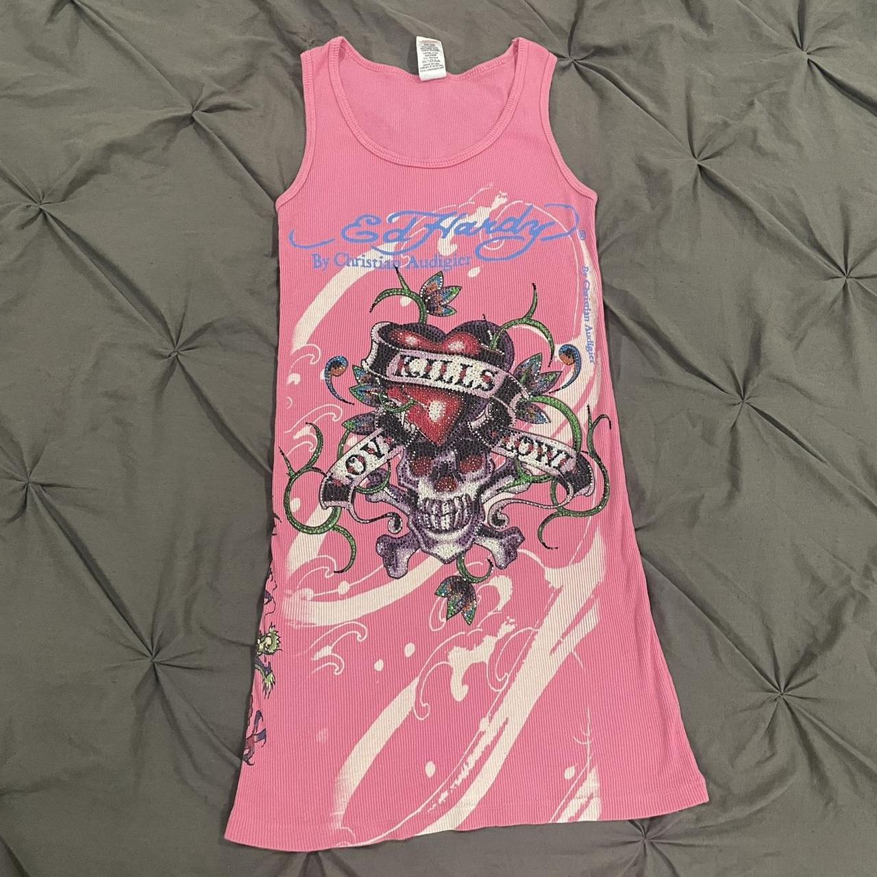 Pink Ed Hardy bodycon tank top/ dress One size,... - Depop