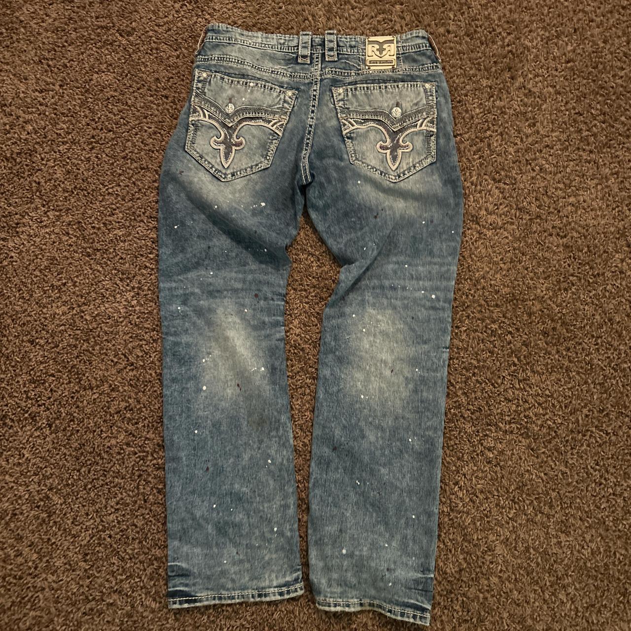 Y2K baggy paint spotted rock revival jeans. They are... - Depop
