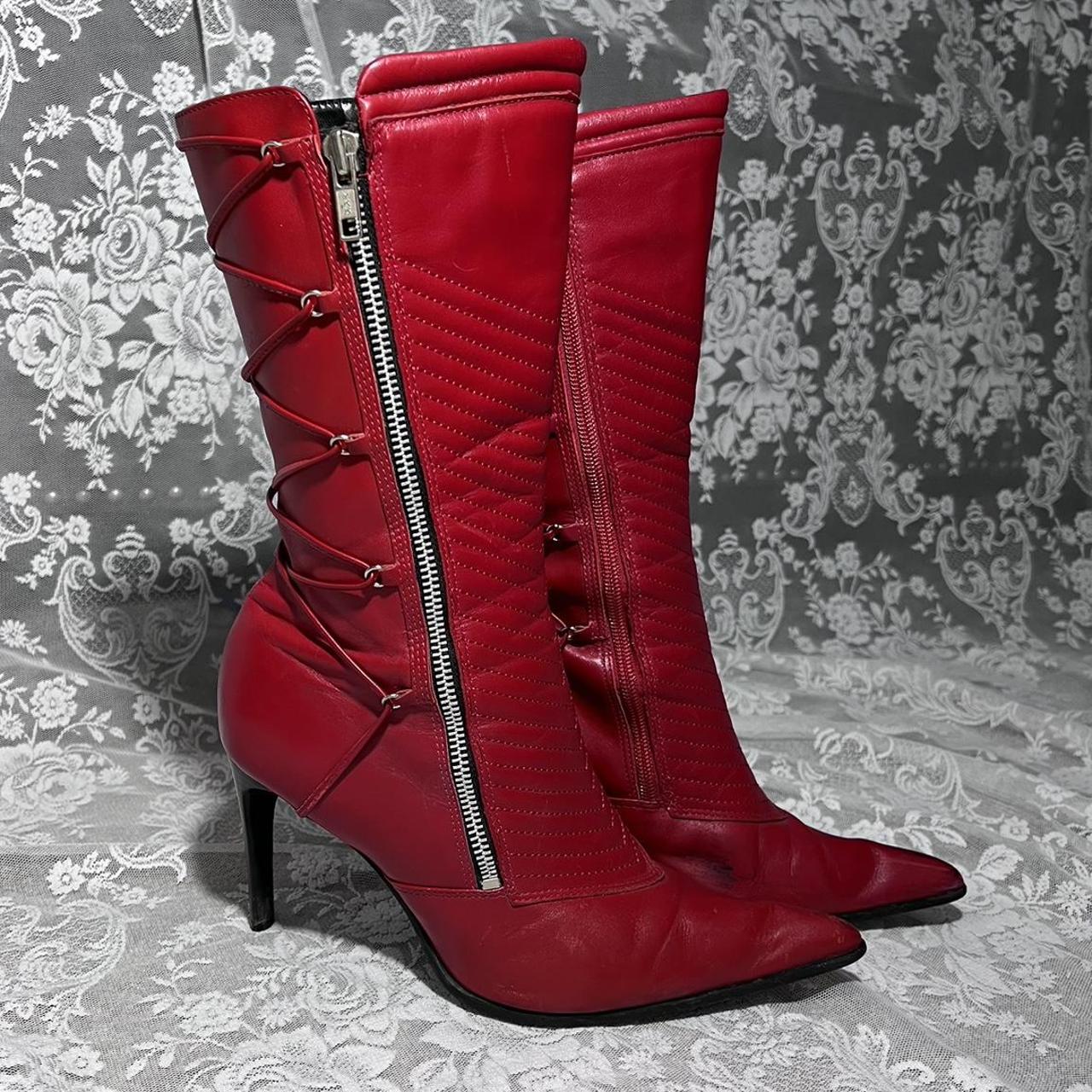 Red Mid Calf Moto Boots size 7 / 40 Unreal red... - Depop
