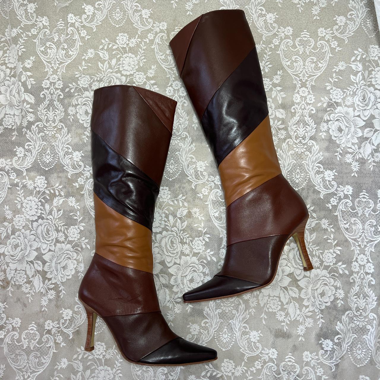 Brown Leather Patch Boots UK 6 / 39 / US 8 Vintage... - Depop