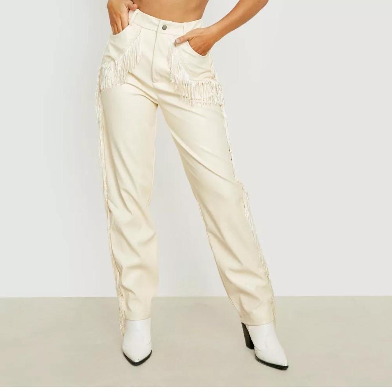 Brand new boohoo cream leather pants with fringe - Depop
